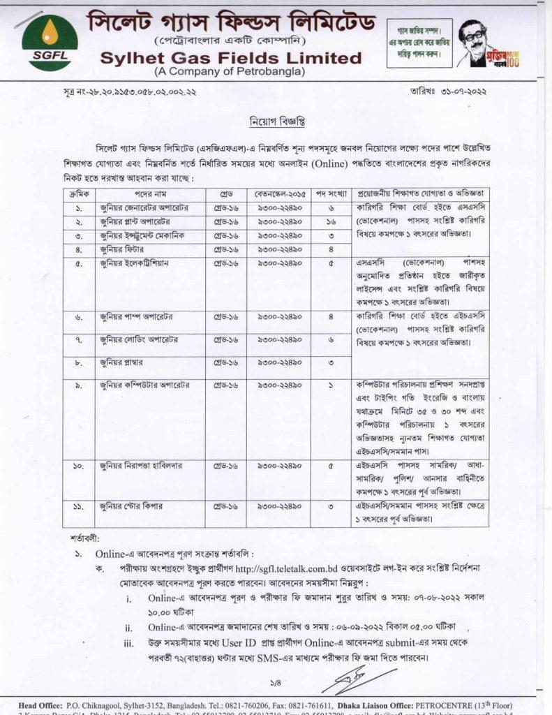 Sylhet Gas Field Limited job circular August 2022(sgfl.teletalk.com.bd ...