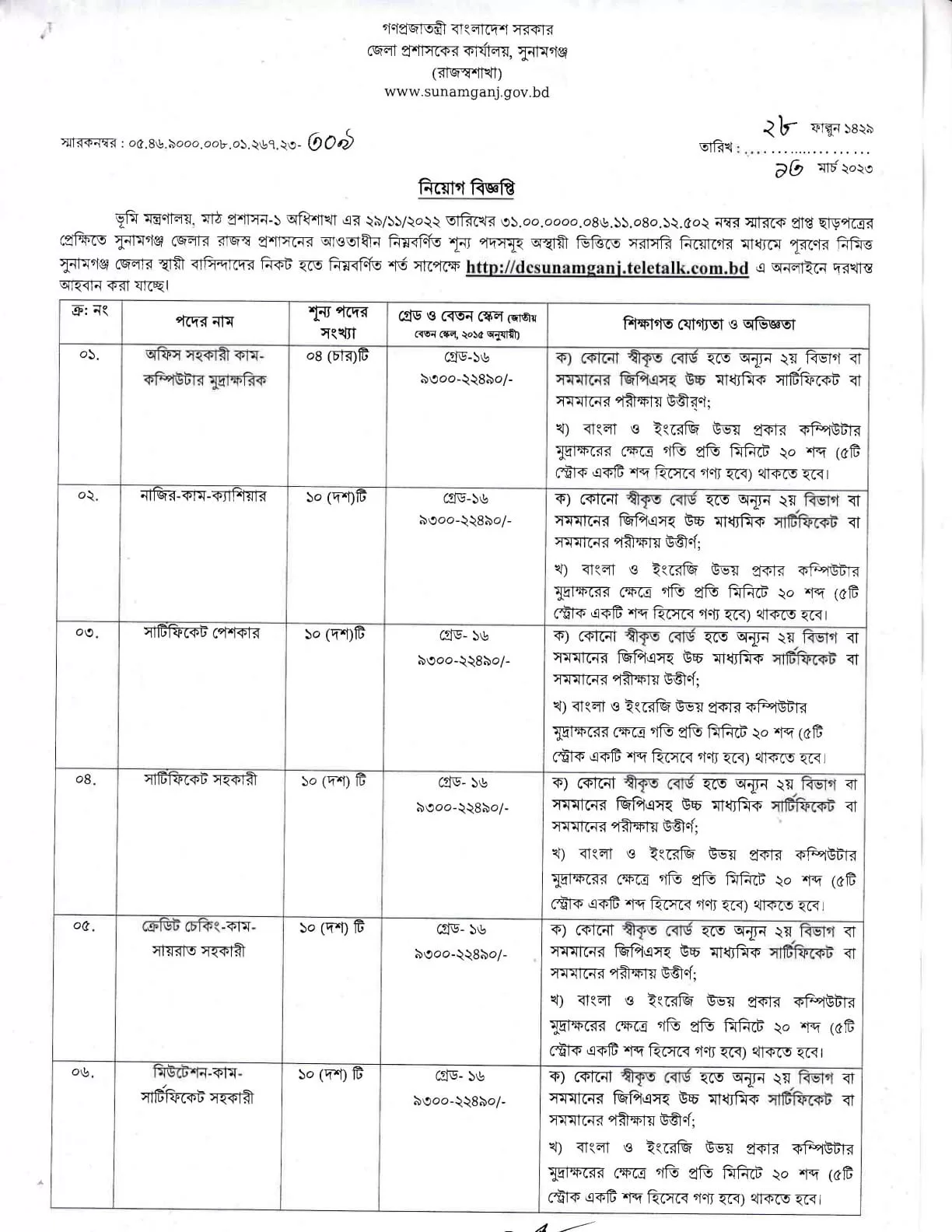 Sunamganj DC Office job circular [70Vacancy] 2023 Apply Now